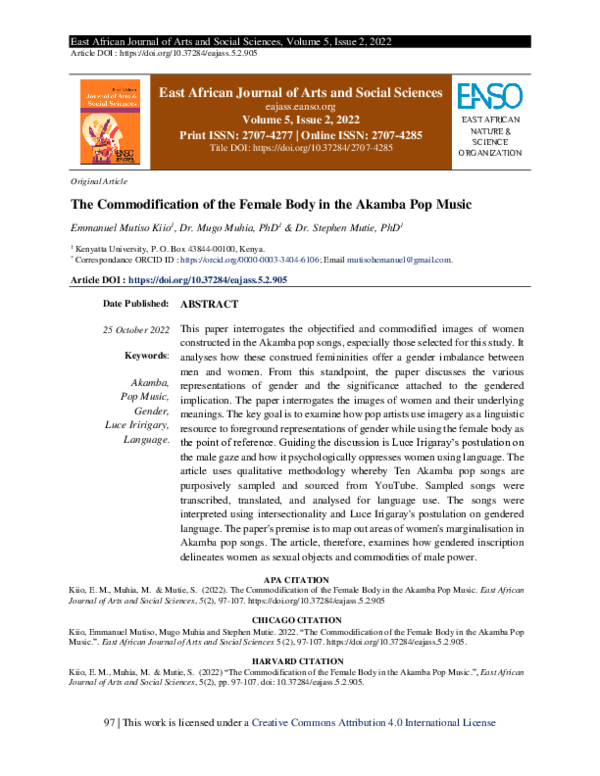 (PDF) The Commodification of the Female Body in the Akamba Pop Music