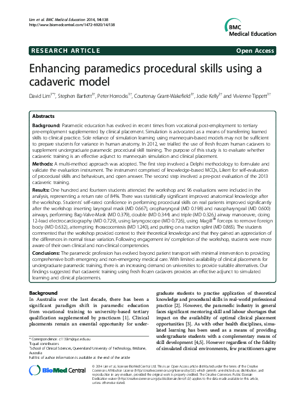(PDF) Enhancing paramedics procedural skills using a cadaveric model