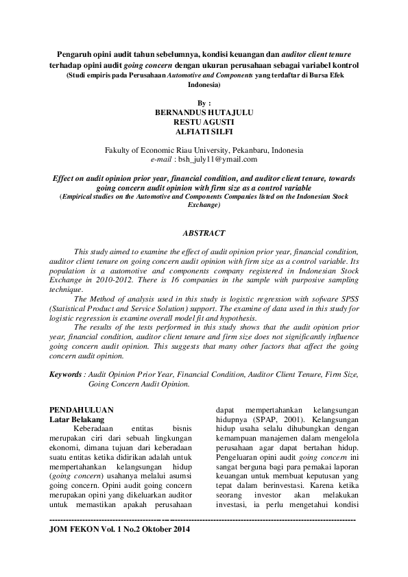 (PDF) Pengaruh opini audit tahun sebelumnya, kondisi keuangan dan auditor client tenure terhadap ...