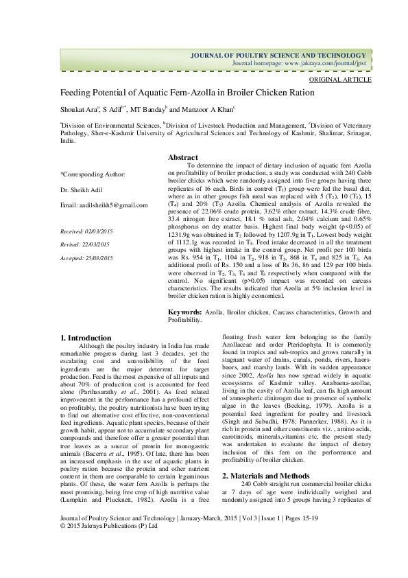 (PDF) Feeding Potential of Aquatic Fern-Azolla in Broiler Chicken Ration