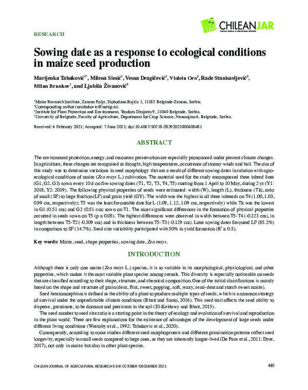 Pdf Sowing Date As A Response To Ecological Conditions In Maize Seed Production