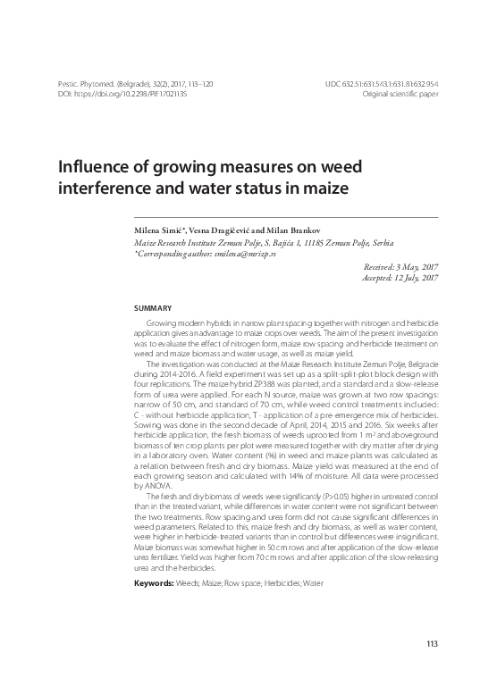 (PDF) Influence of growing measures on weed interference and water status in maize