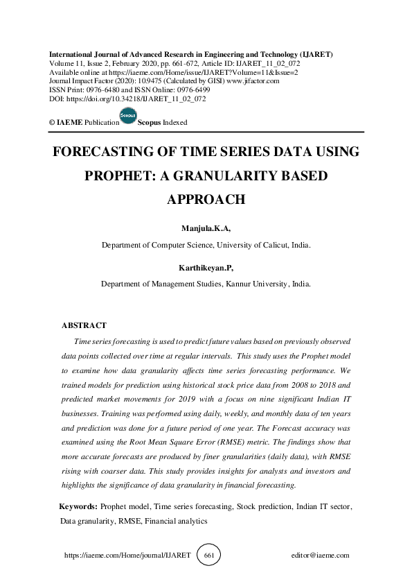 (PDF) FORECASTING OF TIME SERIES DATA USING PROPHET: A GRANULARITY BASED APPROACH