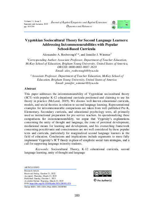 (PDF) Vygotskian Sociocultural Theory for Second Language Learners: Addressing In ...