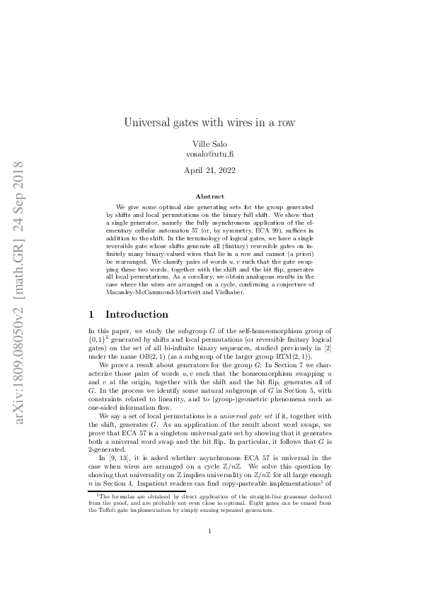 (PDF) Universal gates with wires in a row