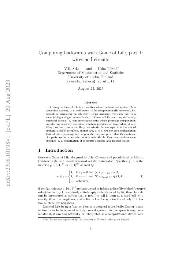 (PDF) Computing backwards with Game of Life, part 1: wires and circuits