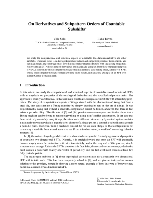 (PDF) On Derivatives and Subpattern Orders of Countable Subshifts