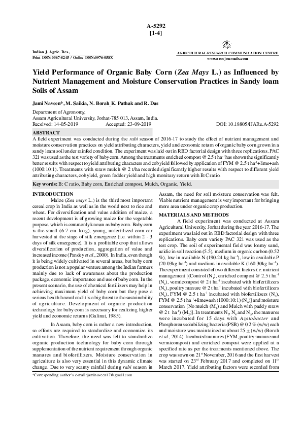 (PDF) Yield Performance of Organic Baby Corn (Zea Mays L.) as ...