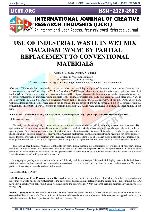 (PDF) Use of Industrial Waste in Wet MIX Macadam (WMM) by Partial ...