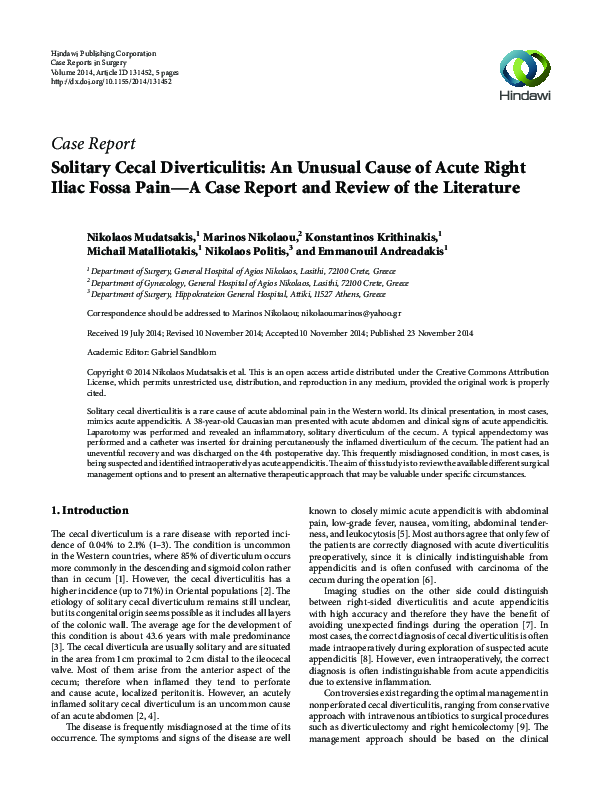 (PDF) Solitary Cecal Diverticulitis: An Unusual Cause of Acute Right ...