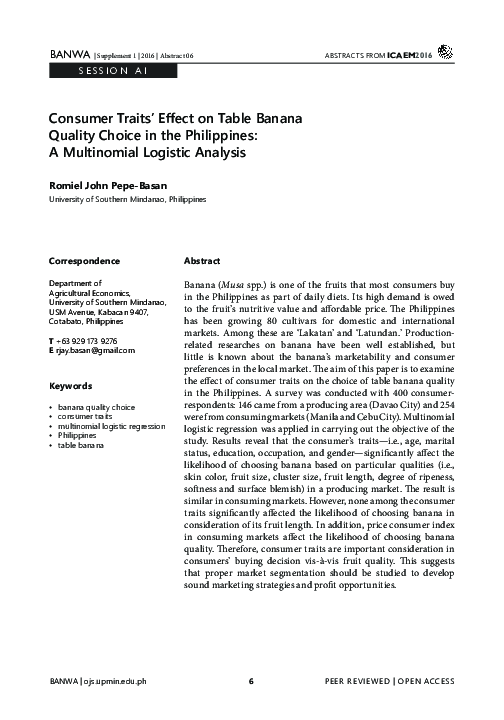 (PDF) Consumer Traits’ Effect on Table Banana Quality Choice in the ...