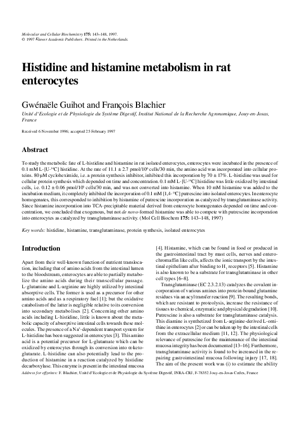 (PDF) Histidine and histamine metabolism in rat enterocytes