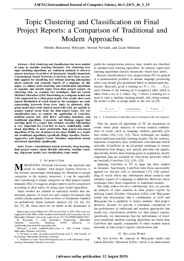 (PDF) Topic Clustering and Classification on Final Project Reports: a Comparison of Traditional ...