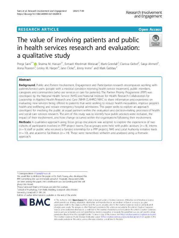 (PDF) The value of involving patients and public in health services ...
