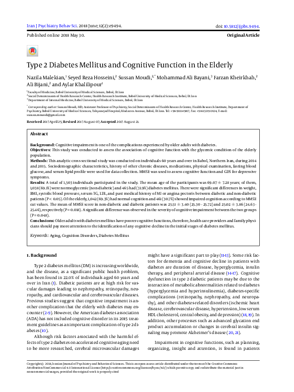 (PDF) Type 2 Diabetes Mellitus and Cognitive Function in the Elderly