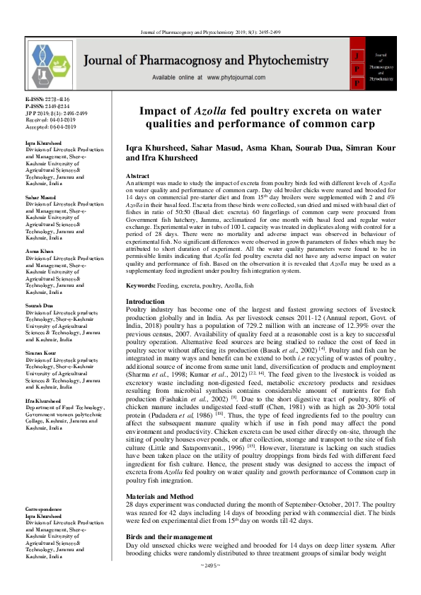 (PDF) Impact of Azolla fed poultry excreta on water qualities and ...