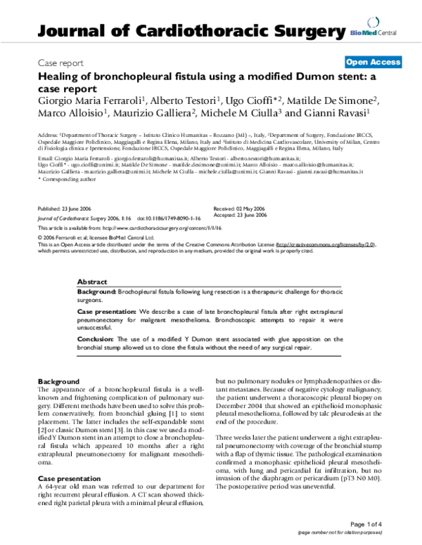 (PDF) Healing of bronchopleural fistula using a modified Dumon stent: a ...