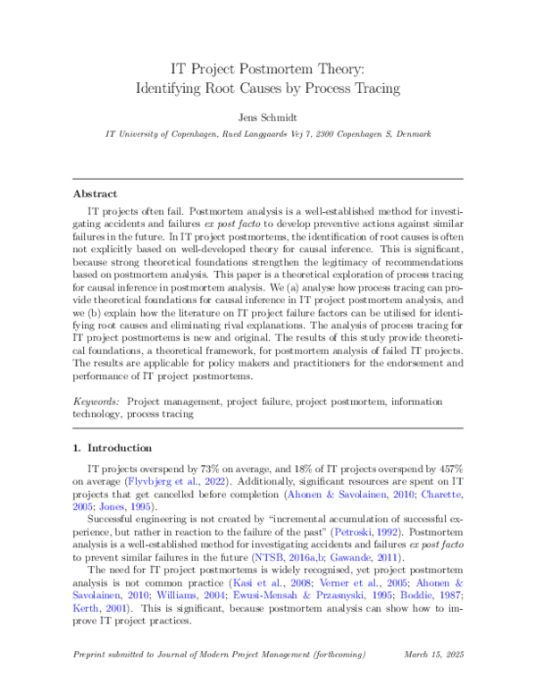 (PDF) IT Project Postmortem Theory: Identifying Root Causes by Process ...