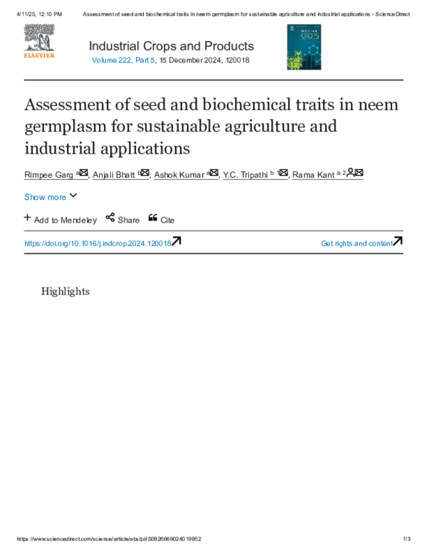 (PDF) Assessment of Seed and Biochemical Traits in Neem Germplasm for Sustainable Agriculture ...
