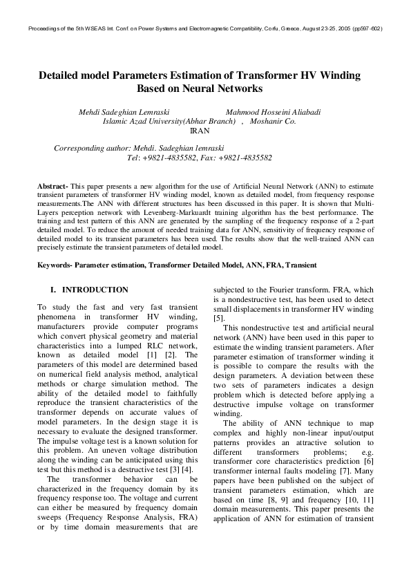 (PDF) Detailed model Parameters Estimation of Transformer HV Winding Based on Neural Networks