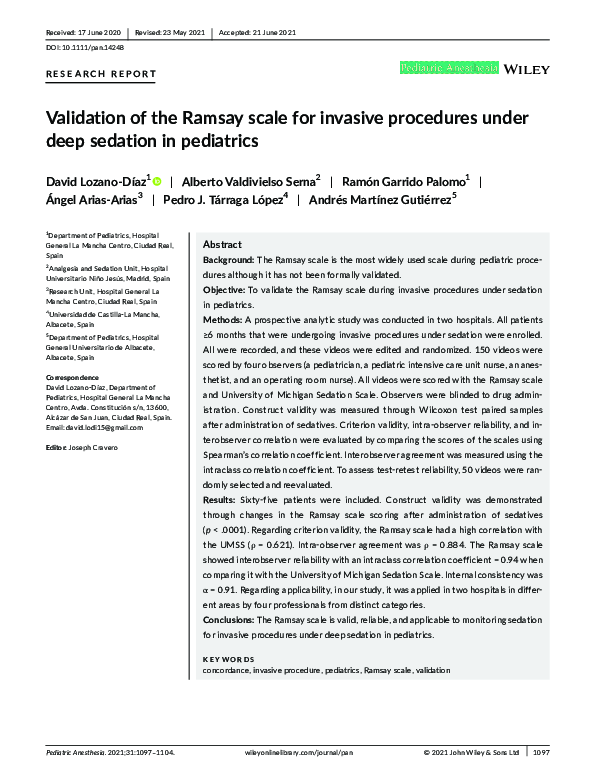 (PDF) Validation of the Ramsay scale for invasive procedures under deep ...