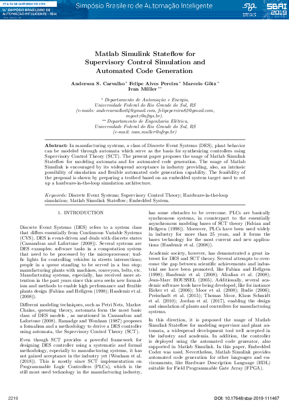 (PDF) Matlab Simulink Stateflow for Supervisory Control Simulation and Automated Code Generation