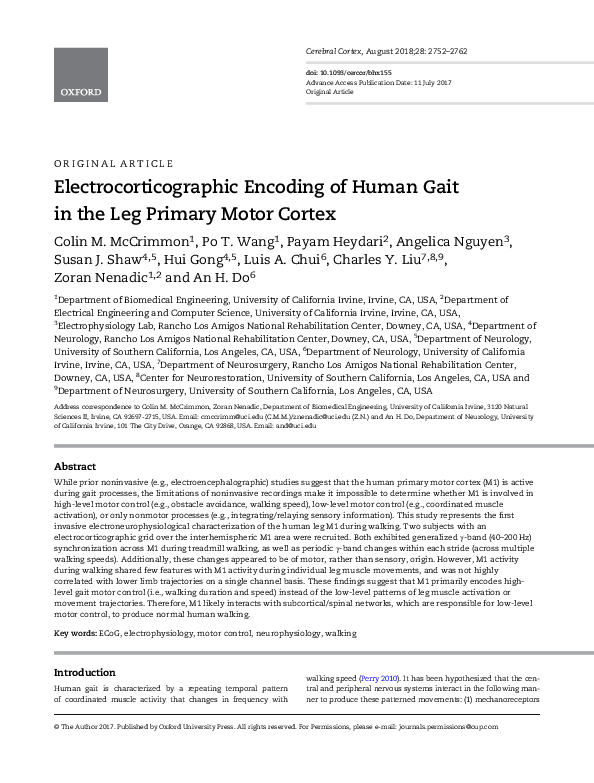 (PDF) Electrocorticographic Encoding of Human Gait in the Leg Primary Motor Cortex