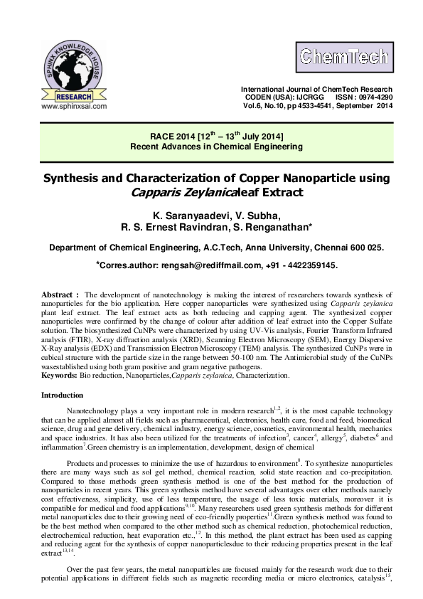 (PDF) Synthesis and Characterization of Copper Nanoparticle using Capparis Zeylanicaleaf Extract ...
