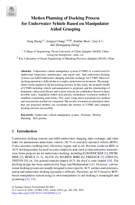 (PDF) Motion Planning of Docking Process for Underwater Vehicle Based on Manipulator Aided Grasping