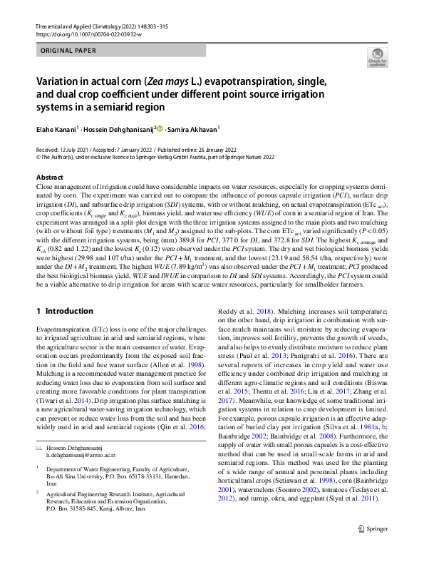 (PDF) Variation in actual corn (Zea mays L.) evapotranspiration, single, and dual crop ...
