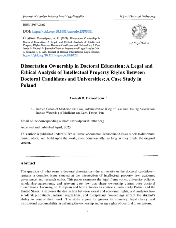 (PDF) Dissertation Ownership in Doctoral Education: A Legal and Ethical ...