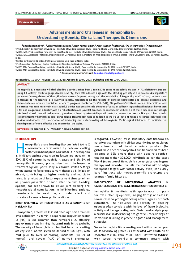 (PDF) Advancements and Challenges in Hemophilia B: Understanding ...