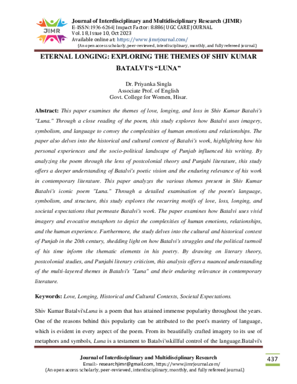 (PDF) ETERNAL LONGING: EXPLORING THE THEMES OF SHIV KUMAR BATALVI'S "LUNA"