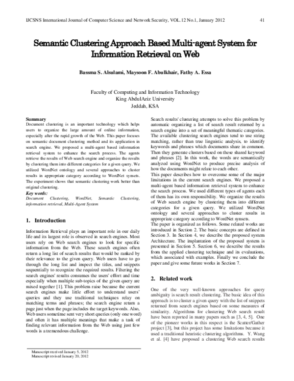 (PDF) Semantic Clustering Approach Based Multi-agent System for Information Retrieval on Web