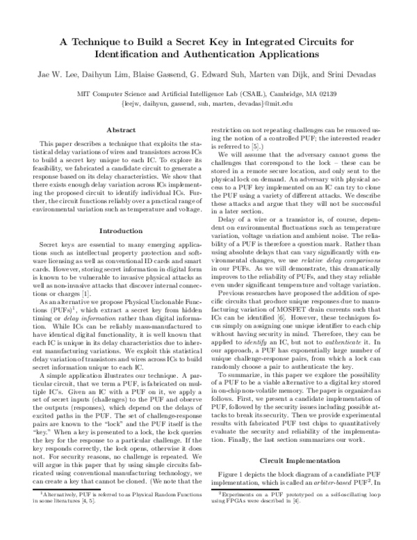 (PDF) A technique to build a secret key in integrated circuits for identification and ...