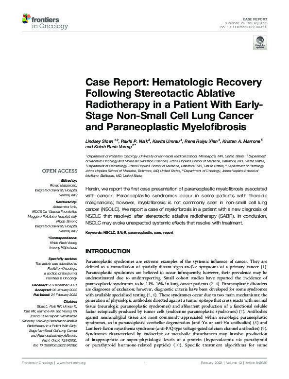 (PDF) Case Report: Hematologic Recovery Following Stereotactic Ablative Radiotherapy in a ...