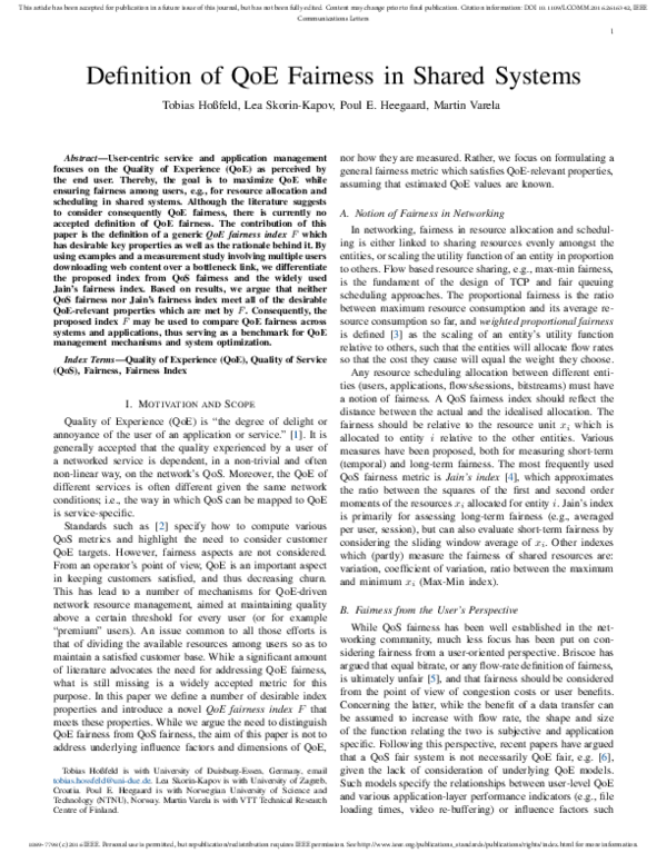 (PDF) Definition of QoE Fairness in Shared Systems