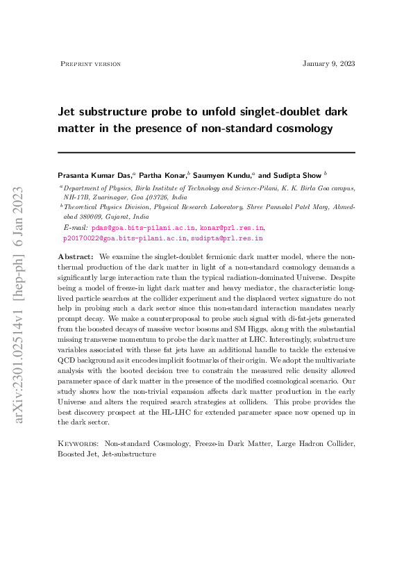 (PDF) Jet substructure probe to unfold singlet-doublet dark matter in the presence of non ...