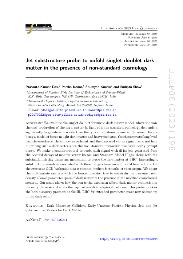 (PDF) Jet substructure probe to unfold singlet-doublet dark matter in ...