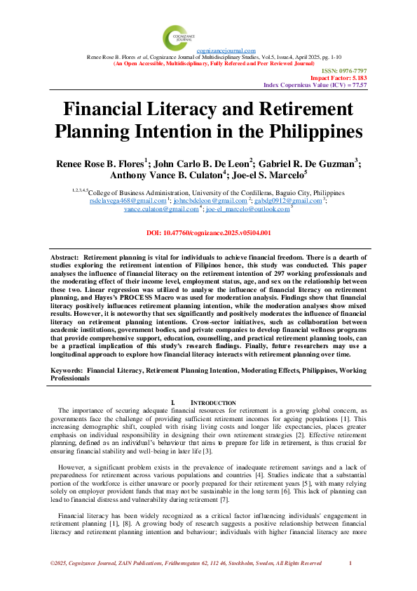 (PDF) Financial Literacy and Retirement Planning Intention in the ...