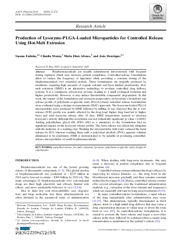 (PDF) Production of Lysozyme-PLGA-Loaded Microparticles for Controlled ...