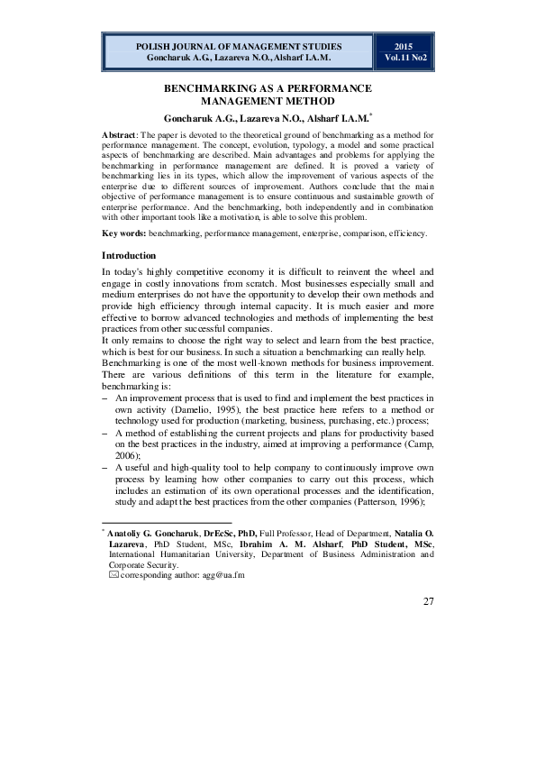 (PDF) Benchmarking as a Performance Management Method