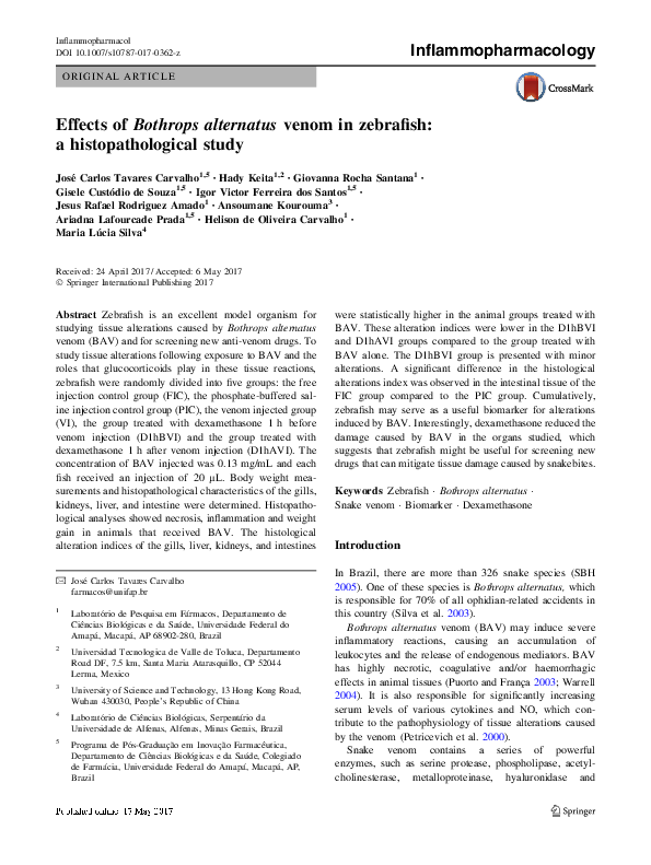 (PDF) Effects of Bothrops alternatus venom in zebrafish: a ...