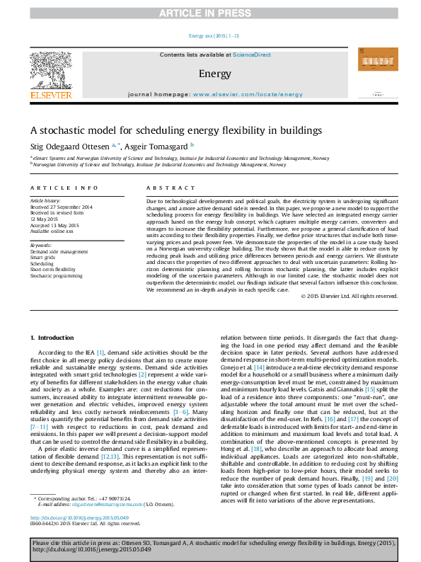 Pdf A Stochastic Model For Scheduling Energy Flexibility In Buildings