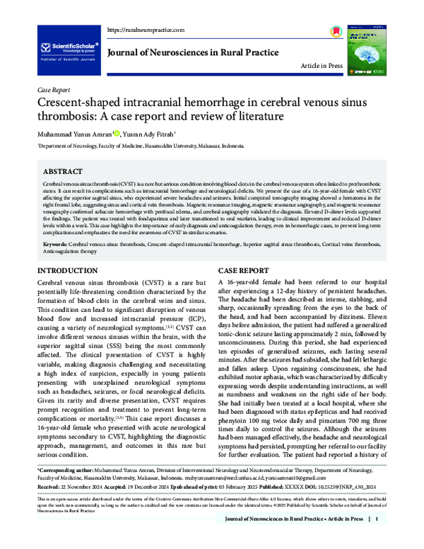 (PDF) Crescent-shaped intracranial hemorrhage in cerebral venous sinus thrombosis: A case report ...