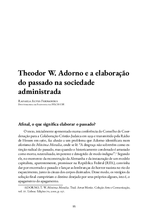 (PDF) Theodor W. Adorno e a elaboração do passado na sociedade ad ...