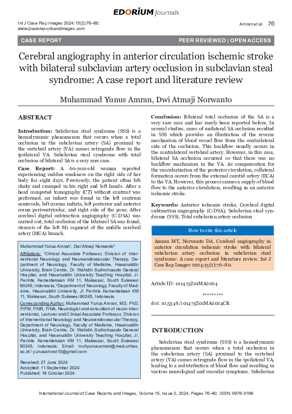 (PDF) Cerebral angiography in anterior circulation ischemic stroke with bilateral subclavian ...