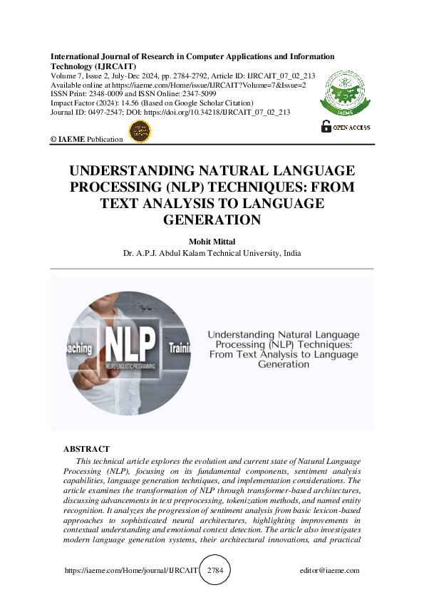 (PDF) UNDERSTANDING NATURAL LANGUAGE PROCESSING (NLP) TECHNIQUES: FROM TEXT ANALYSIS TO LANGUAGE ...