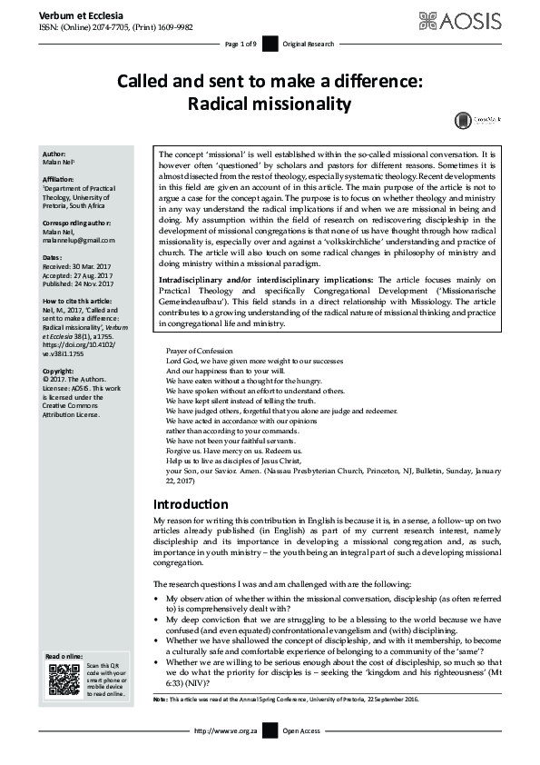 (PDF) Called and sent to make a difference: Radical missionality