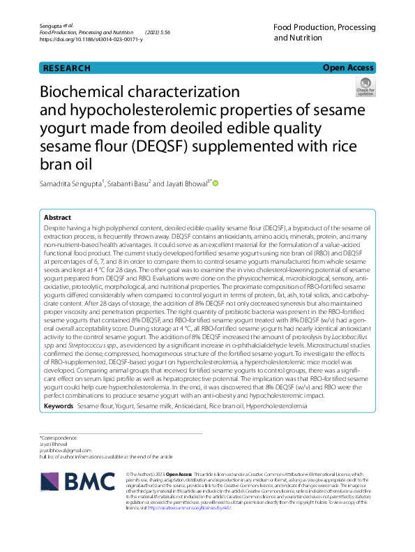 (PDF) Biochemical characterization and hypocholesterolemic properties of sesame yogurt made from ...